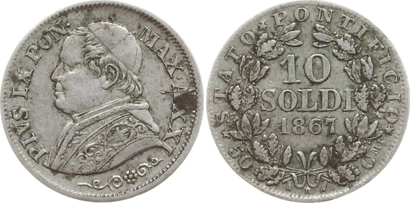 Vatikan 10 Soldi 1867 R Pius IX., 1846 - 1878, An XXI Sehr schön, kl. Fleck | MA-Shops