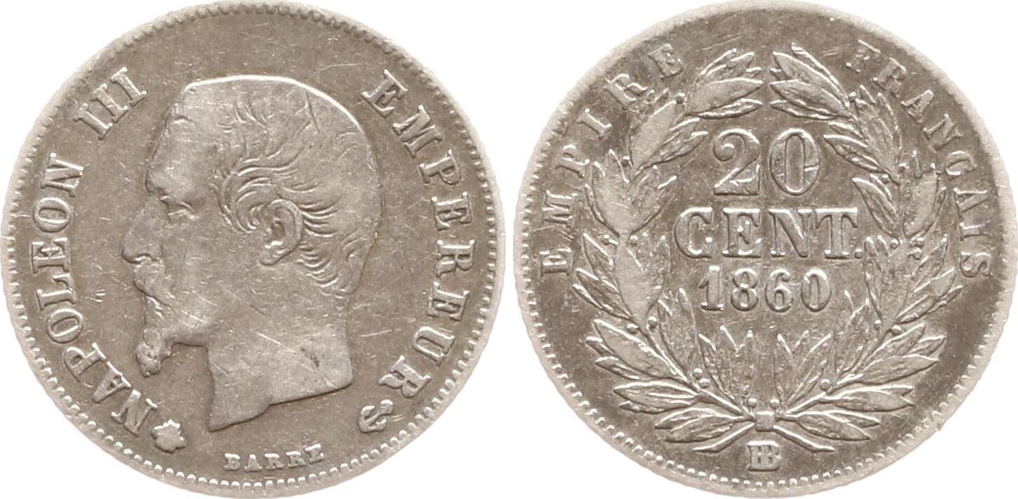 Frankreich, Kaiserreich 20 Centimes 1860 BB Napoleon III., 1852 - 1870, Straßburg Sehr schön ...