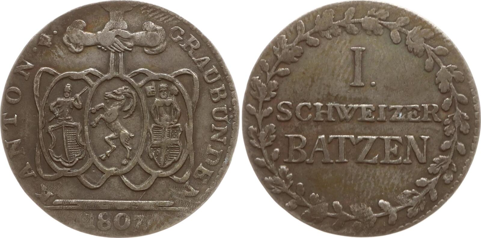 Schweiz - Kanton Graubünden Batzen 1807 Gutes sehr schön, feine Patina ...
