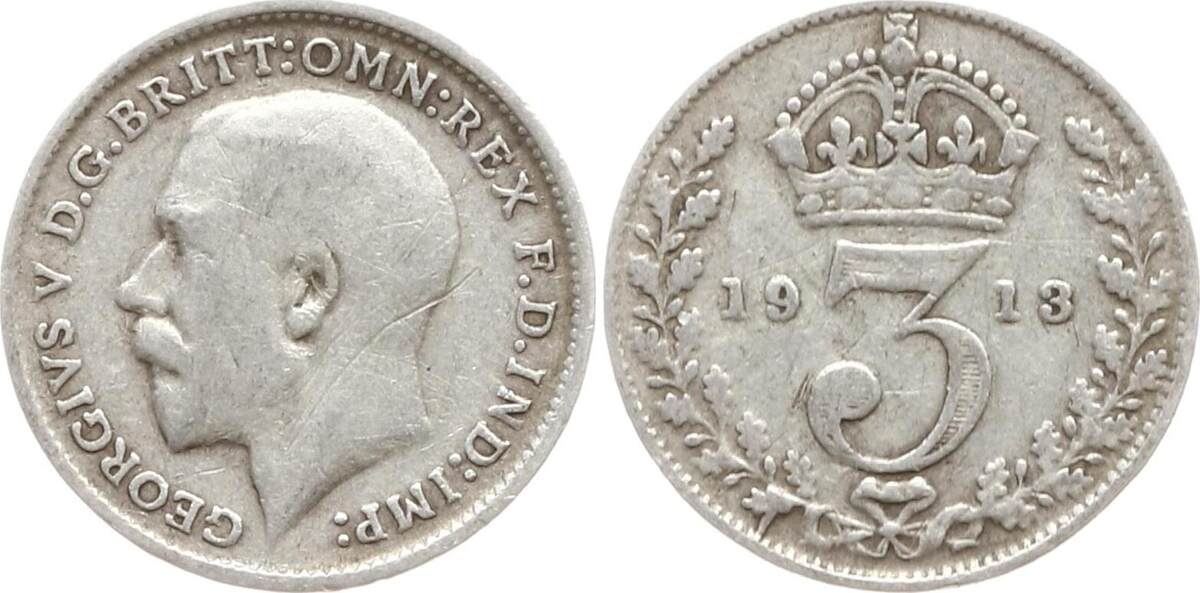 Großbritannien 3 Pence 1913 George V., 1910 - 1936 Schön - sehr schön ...
