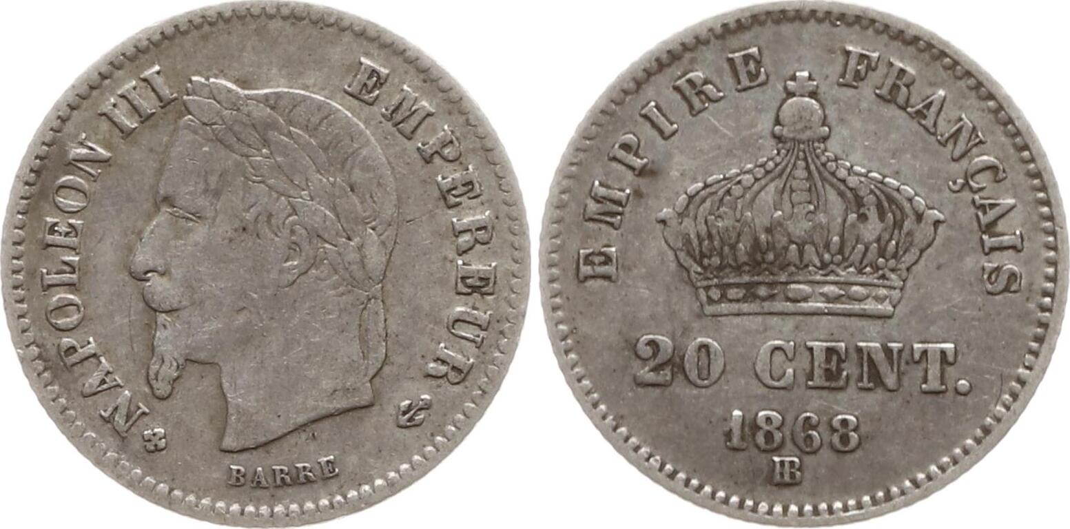 Frankreich, Kaiserreich 20 Centimes 1868 BB Napoleon III., 1852 - 1870, Straßburg Sehr schön ...