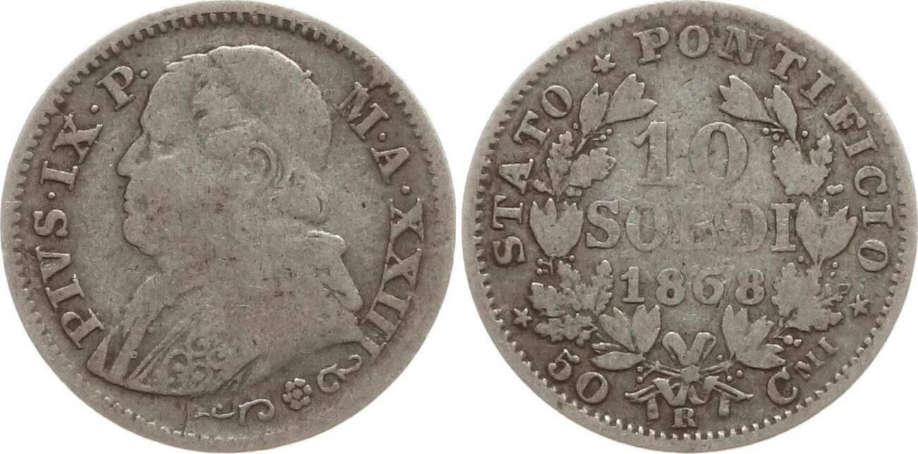 Vatikan 10 Soldi 1868 R Pius IX., 1846 - 1878, An XXIII, großes R Schön - sehr schön | MA-Shops