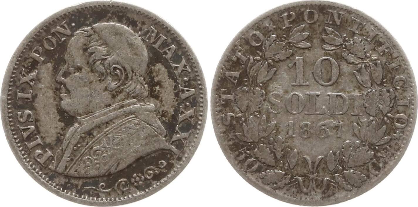 Vatikan 10 Soldi 1867 R Pius IX., 1846 - 1878, An XXI Sehr schön | MA-Shops