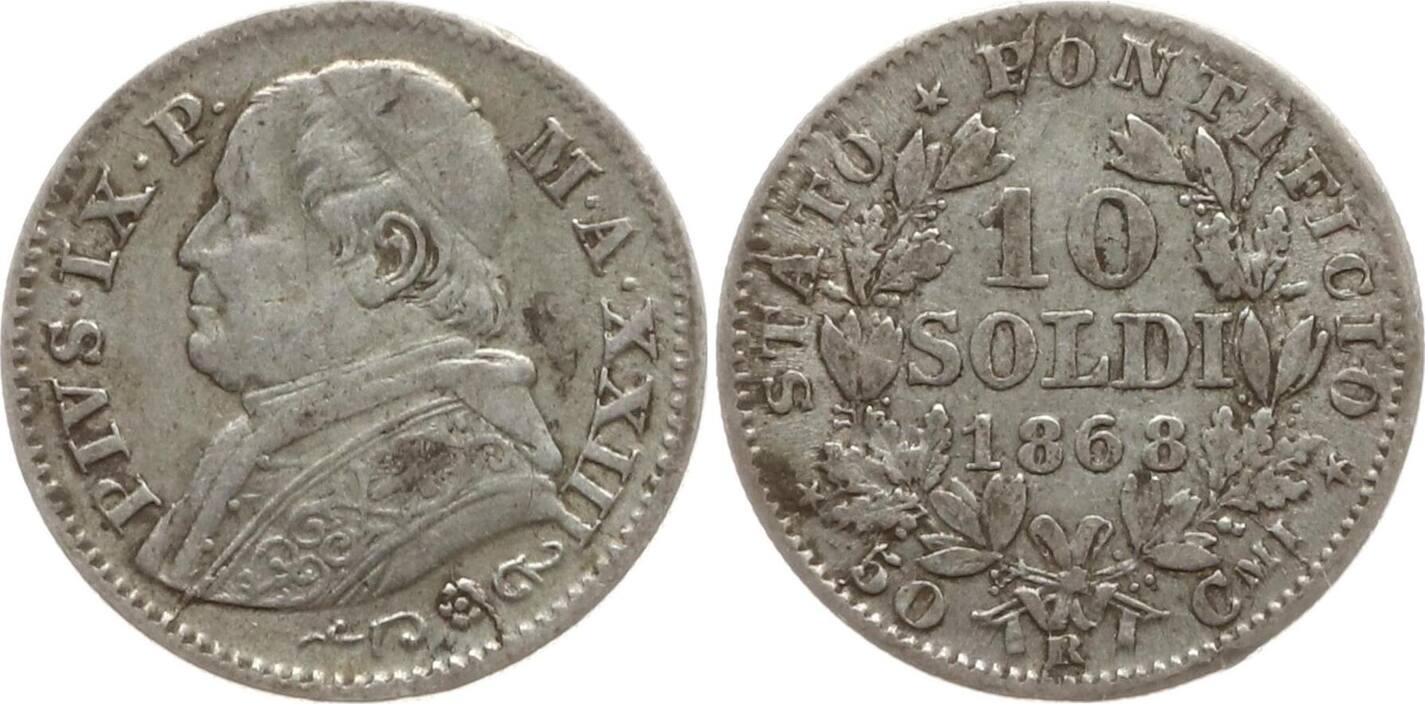 Vatikan 10 Soldi 1868 R Pius IX., 1846 - 1878, An XXIII, großes R Sehr schön | MA-Shops