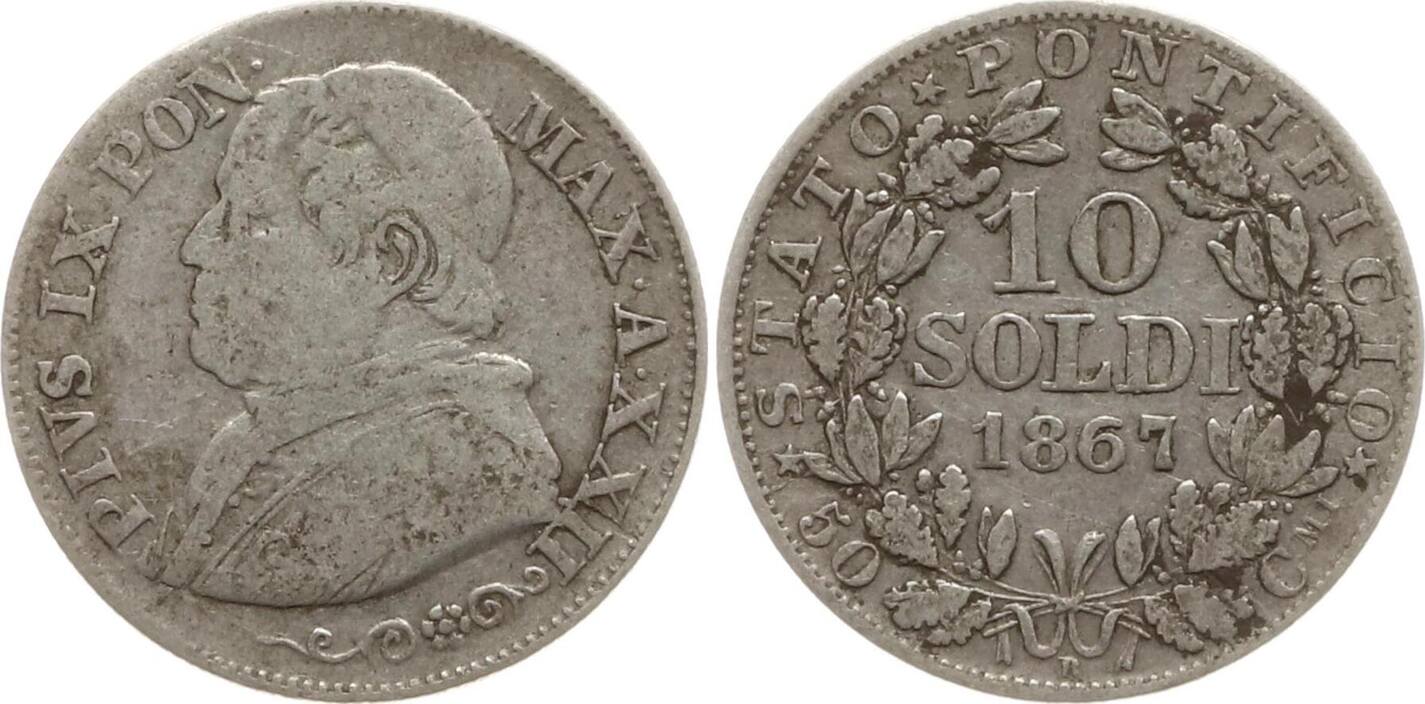 Vatikan 10 Soldi 1867 R Pius IX., 1846 - 1878, An XXII Sehr schön | MA-Shops