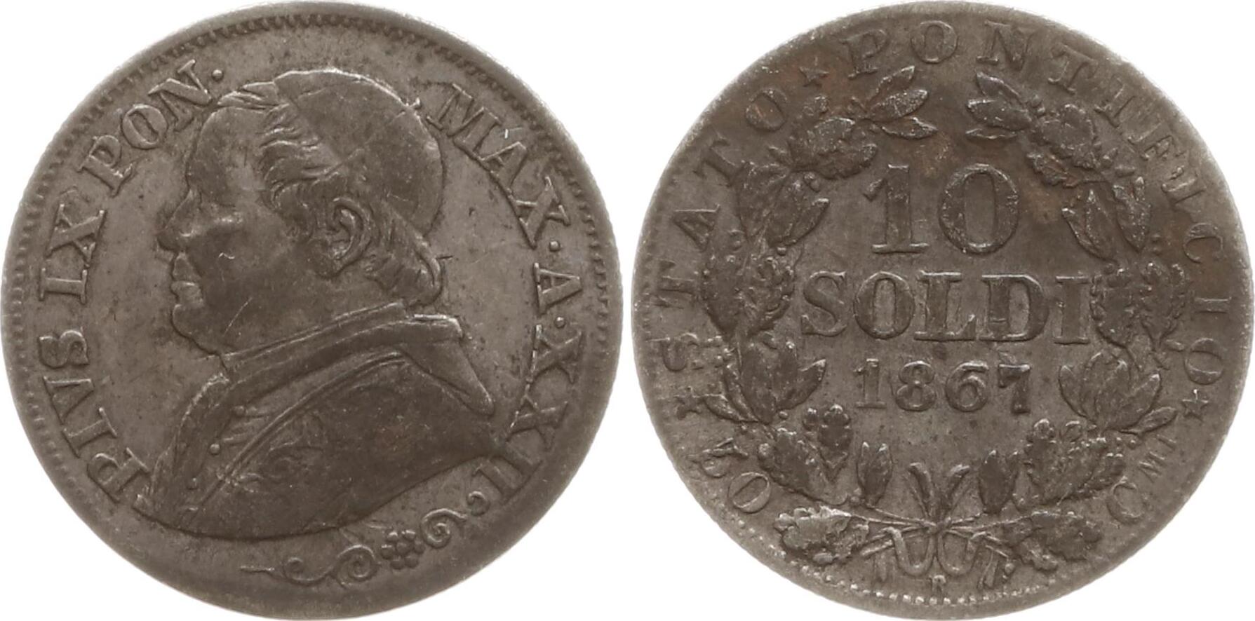 Vatikan 10 Soldi 1868 R Pius IX., 1846 - 1878, An XXII Besser als sehr schön, fleckige Patina ...
