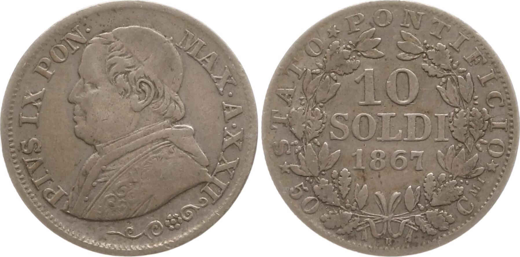 Vatikan 10 Soldi 1867 R Pius IX., 1846 - 1878, An XXII Sehr schön, feine Tönung | MA-Shops