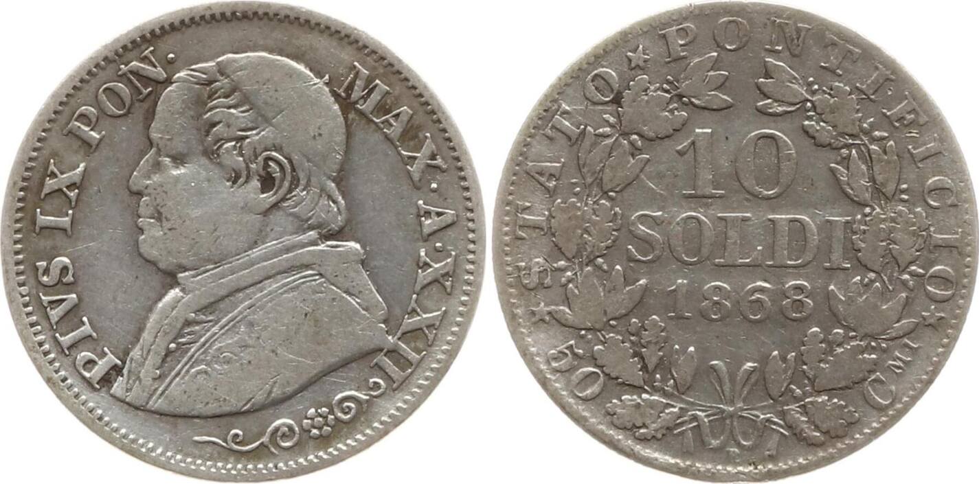 Vatikan 10 Soldi 1868 R Pius IX., 1846 - 1878, An XXII Sehr schön | MA-Shops