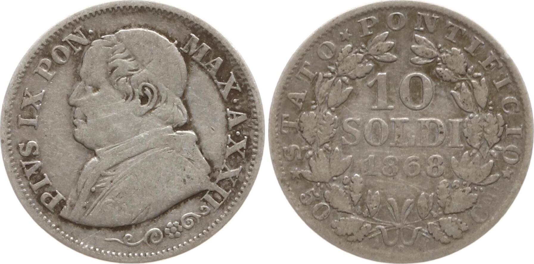 Vatikan 10 Soldi 1868 R Pius IX., 1846 - 1878, An XXII Fast sehr schön | MA-Shops