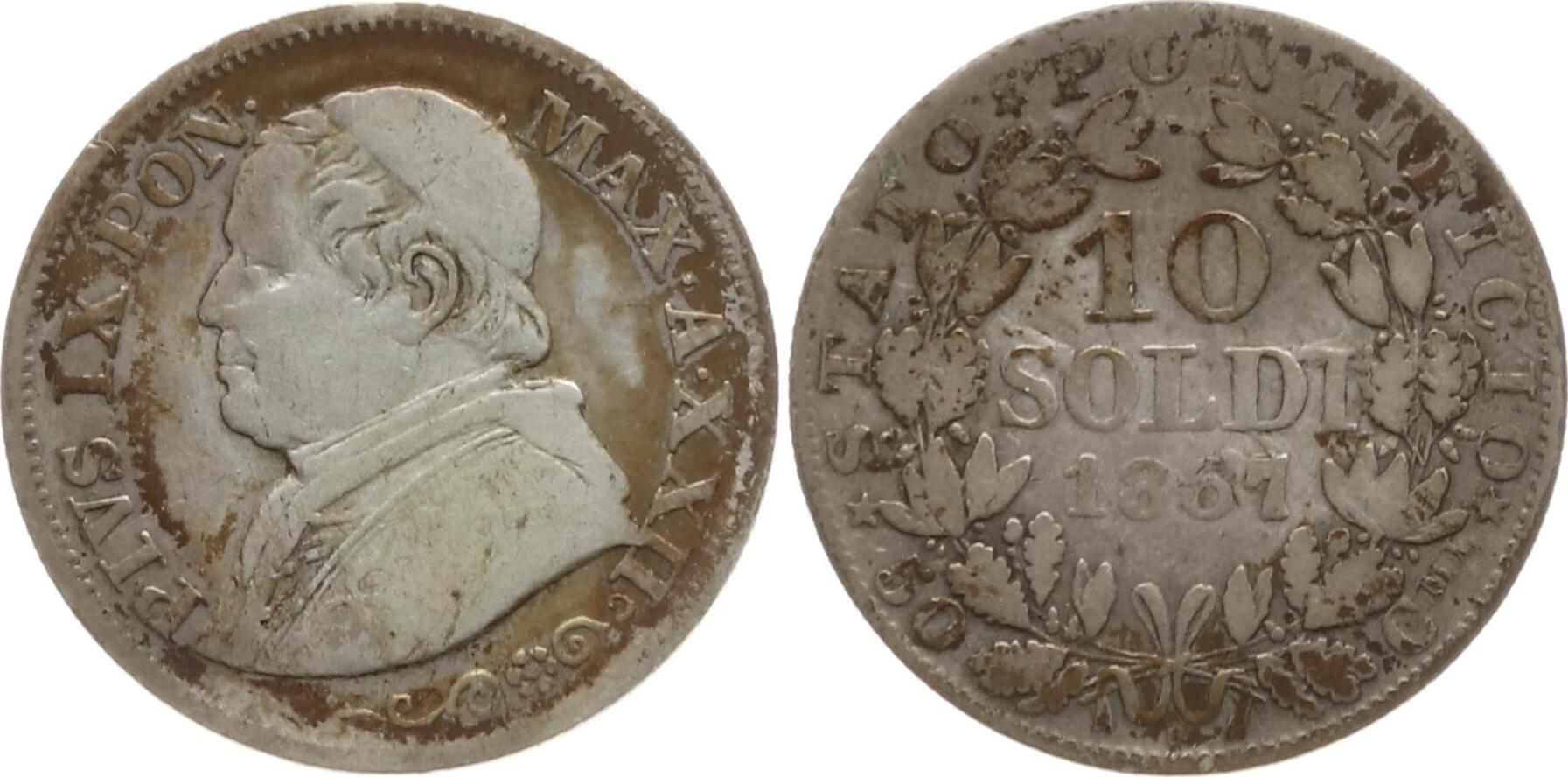 Vatikan 10 Soldi 1867 R Pius IX., 1846 - 1878, An XXII Sehr schön | MA-Shops