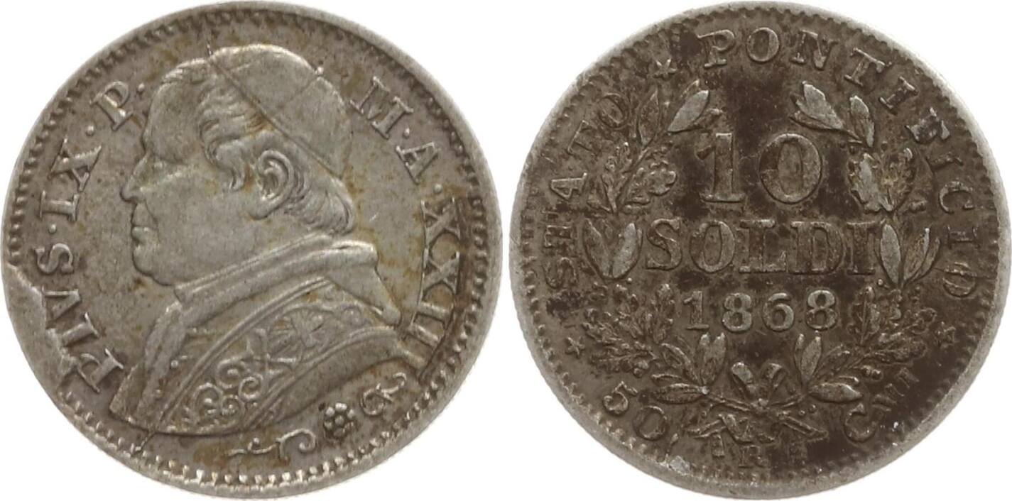 Vatikan 10 Soldi 1868 R Pius IX., 1846 - 1878, An XXIII, großes R Besser als sehr schön, kl ...