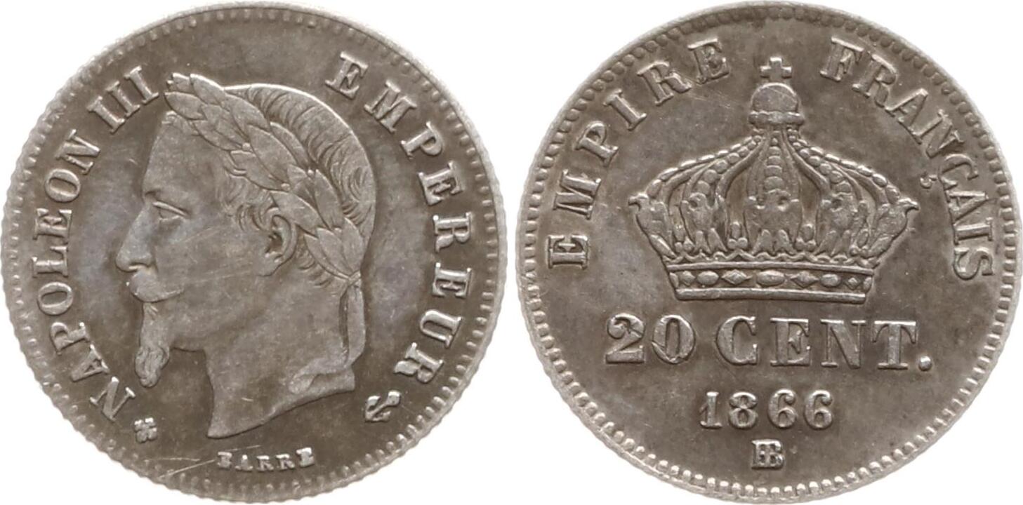 Frankreich, Kaiserreich 20 Centimes 1866 BB Napoleon III., 1852 - 1870, Straßburg Sehr schön ...