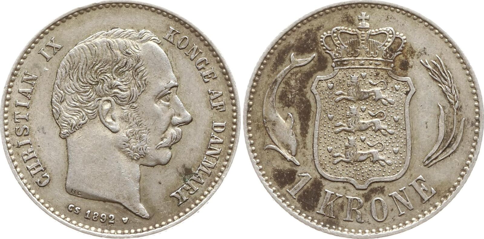 Dänemark, Königreich 1 Krone 1892 Christian IX., 1863 - 1906 Sehr schön ...