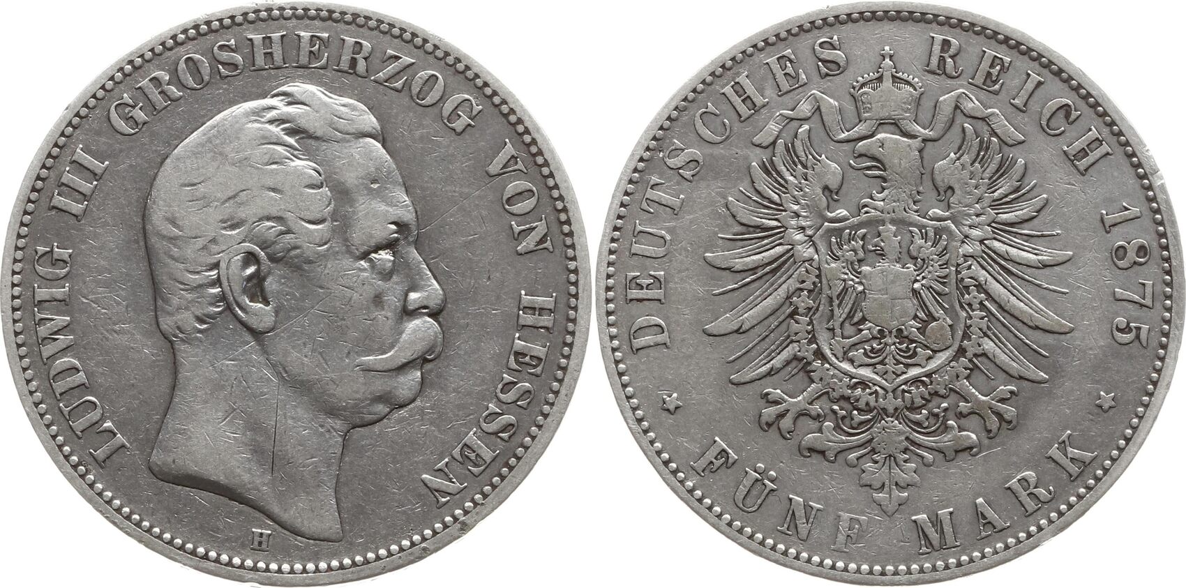 Kaiserreich Deutschland, Großherzogtum Hessen 5 Mark 1875 H Ludwig III., 1848 - 1877 Sehr schön ...
