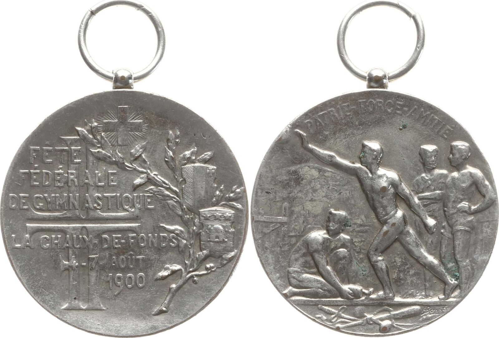 Schweiz-Neuenburg, La Chaux-de-Fonds Tragbare versilberte Bronzemedaille 1900 von Bopp, Fete ...