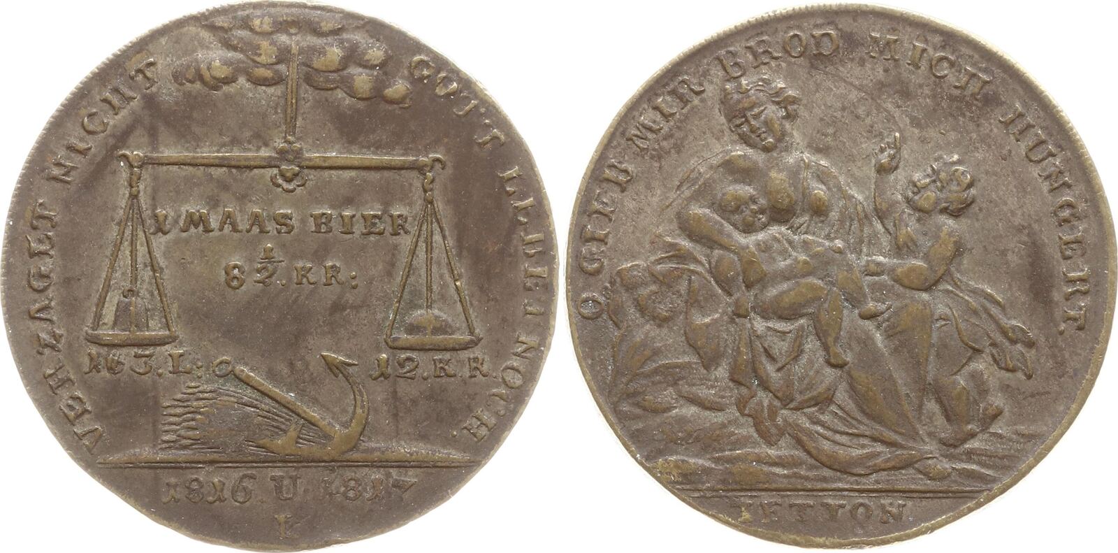 Deutschland Messingjeton 1817 v. Stettner, auf die Hungersnot, Brot ...