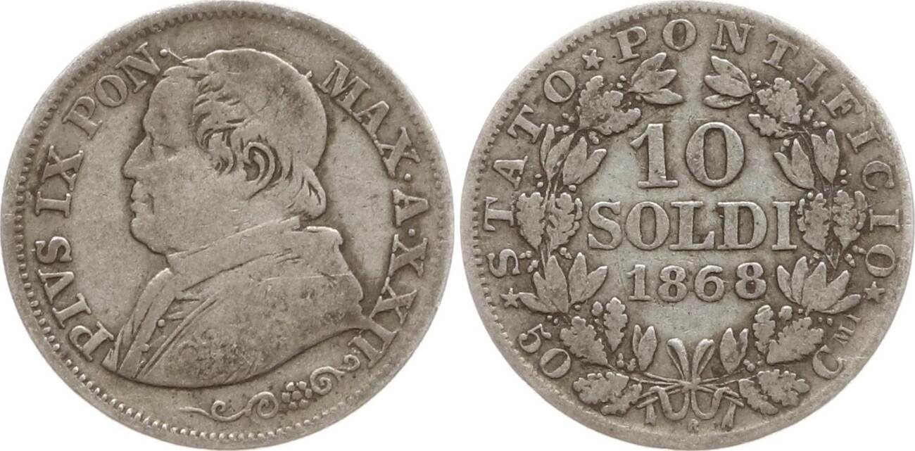 Vatikan 10 Soldi 1868 R Pius IX., 1846 - 1878, An XXII Fast sehr schön | MA-Shops