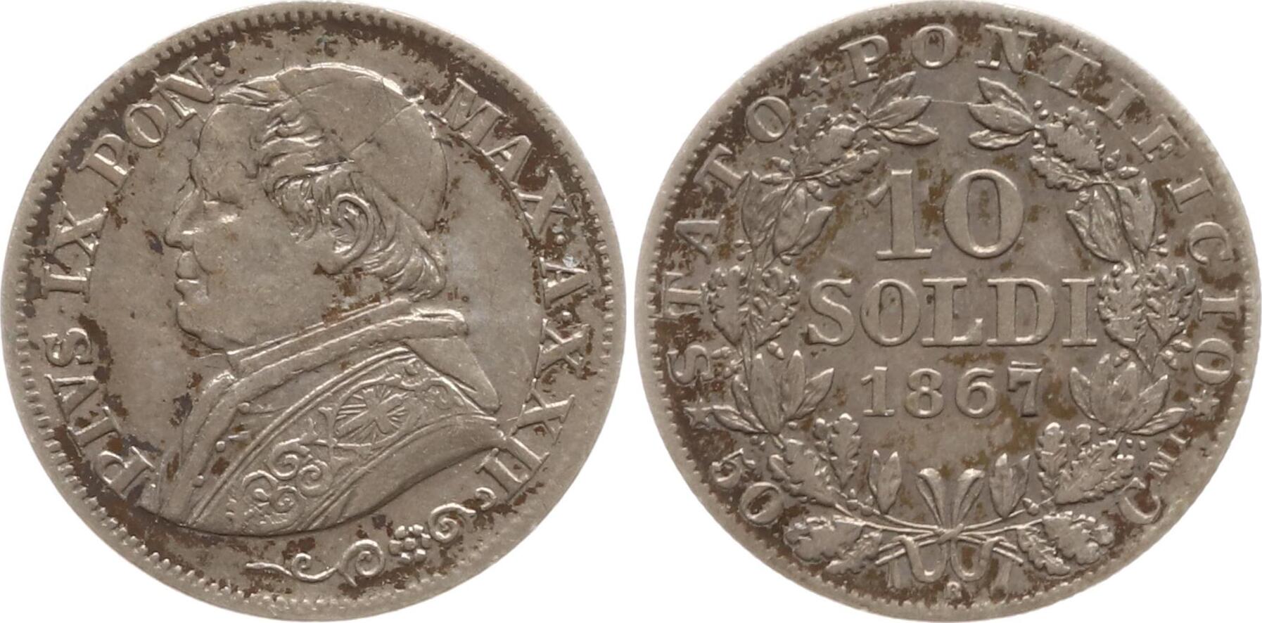 Vatikan 10 Soldi 1867 R Pius IX., 1846 - 1878, An XXII Fast vorzüglich, kleine Flecken | MA-Shops