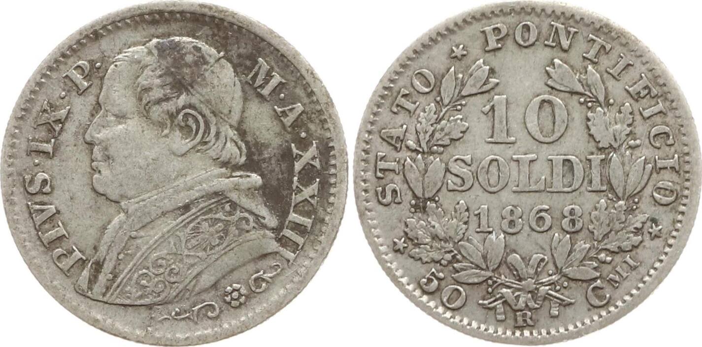 Vatikan 10 Soldi 1868 R Pius IX., 1846 - 1878, An XXIII, großes R Sehr schön | MA-Shops