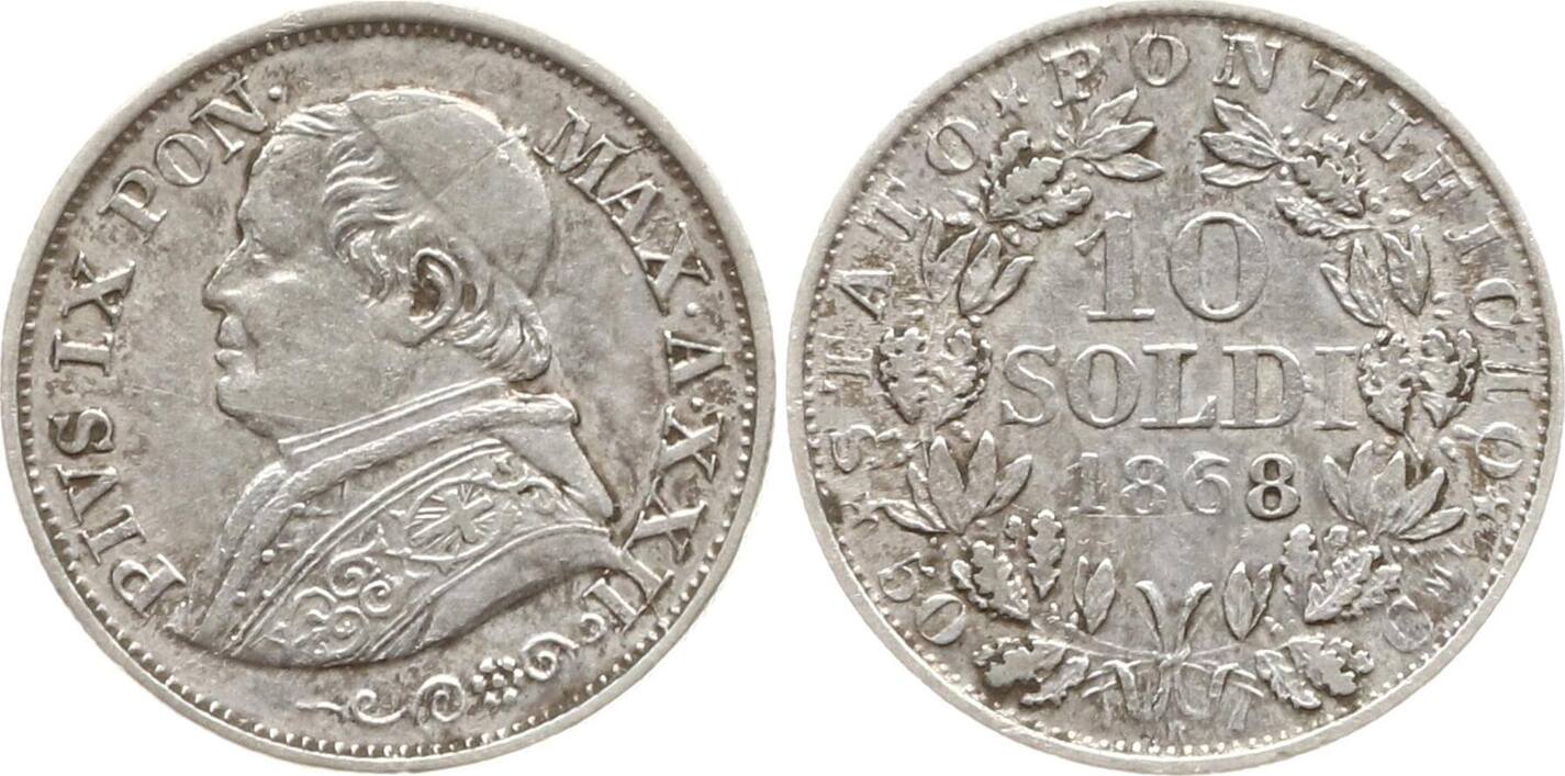 Vatikan 10 Soldi 1868 R Pius IX., 1846 - 1878, An XXII Sehr schön - vorzüglich | MA-Shops
