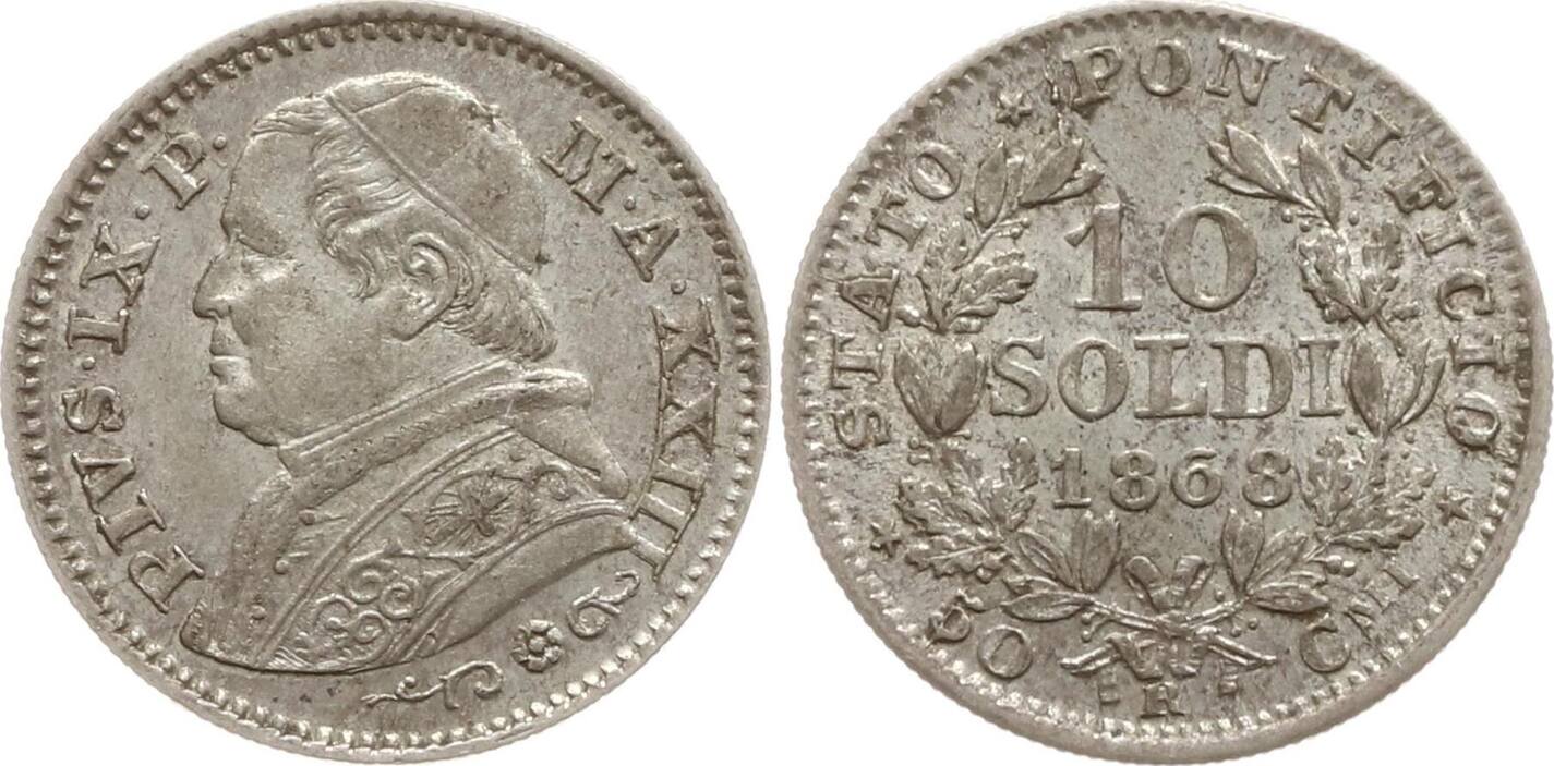 Vatikan 10 Soldi 1868 R Pius IX., 1846 - 1878, An XXIII, großes R Fast vorzüglich | MA-Shops
