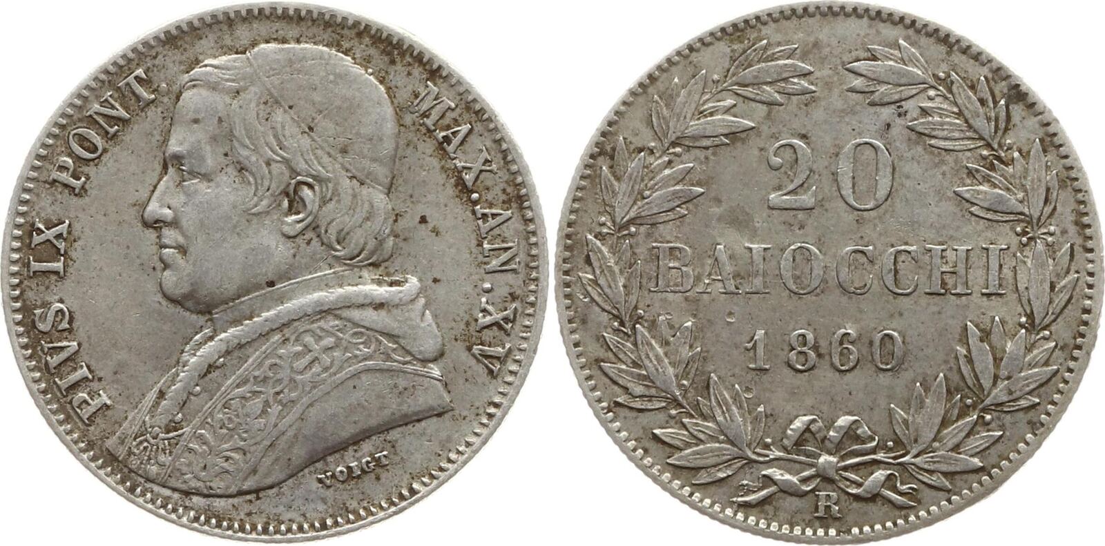 Vatikan 20 Baiocchi 1860 R Pius IX., 1846 - 1878, An XV Sehr schön - vorzüglich, min ...
