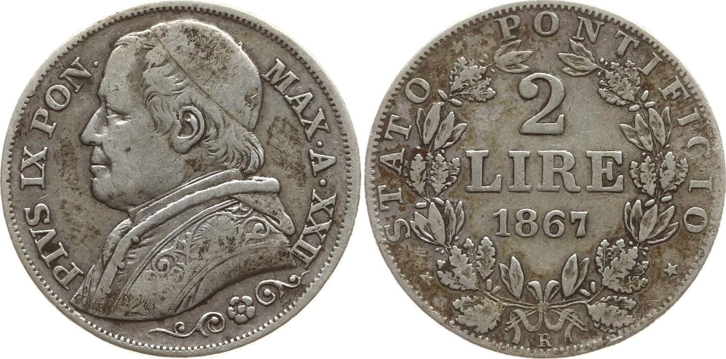 Vatikan 2 Lire 1867 R Pius IX., 1846 - 1878, An XXII Sehr schön | MA-Shops