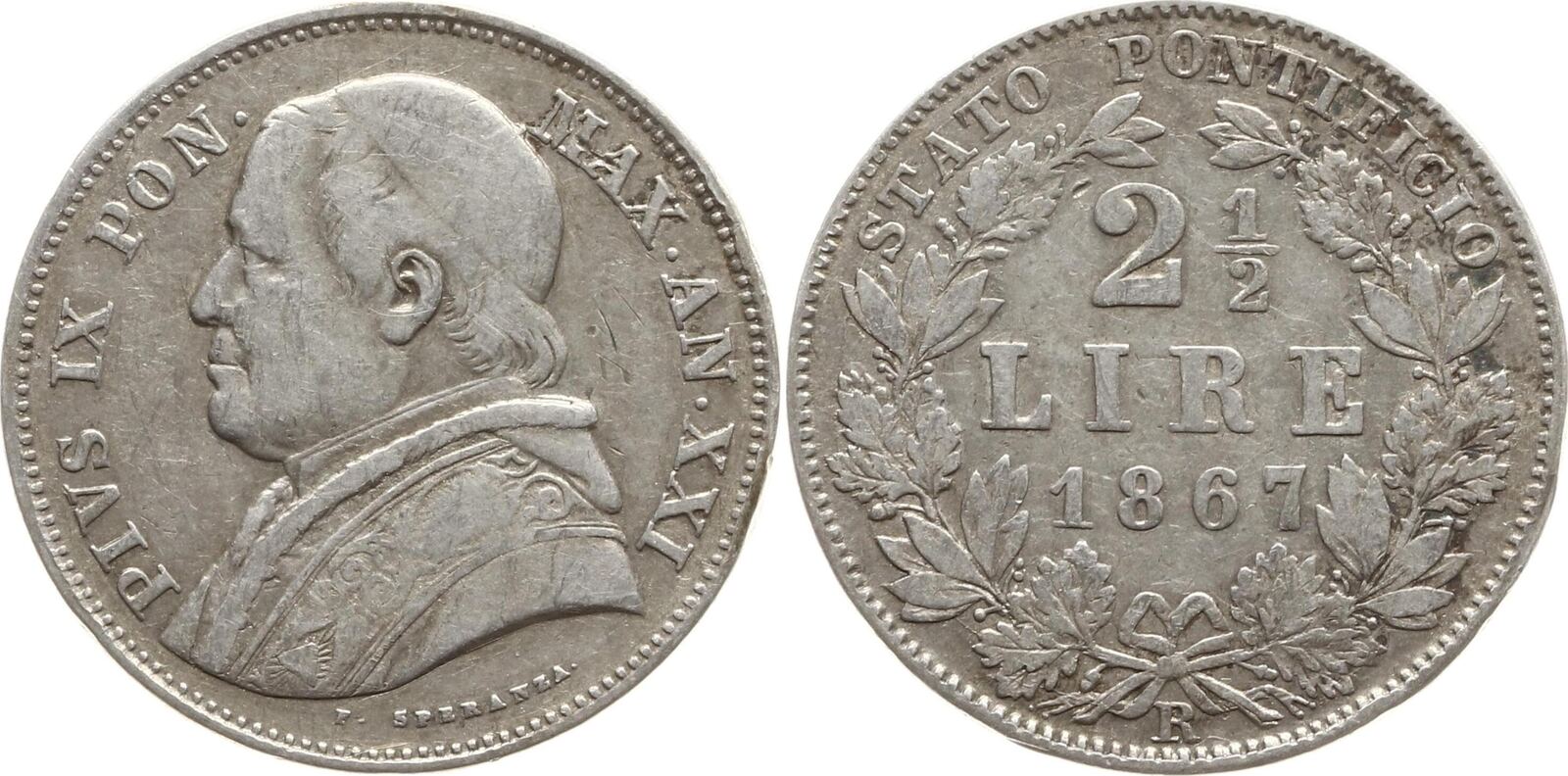 Vatikan 2 1/2 Lire 1867 R Pius IX., 1846 - 1878, An XXI Sehr schön, kl. RF | MA-Shops
