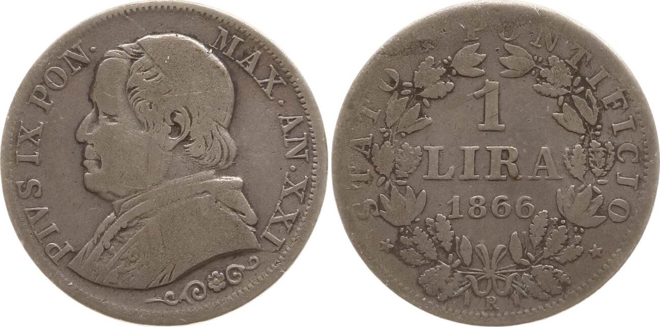 Vatikan 1 Lira 1866 R Pius IX., 1846 - 1878, Typ mit großem Kopf Schön - sehr schön | MA-Shops