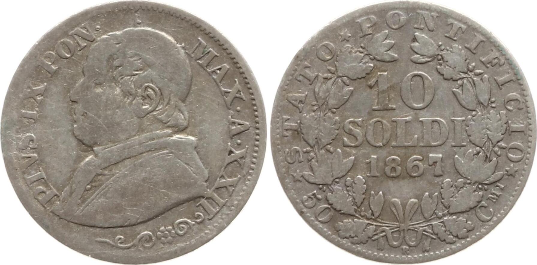 Vatikan 10 Soldi 1867 R Pius IX., 1846 - 1878, An XXII Fast sehr schön | MA-Shops