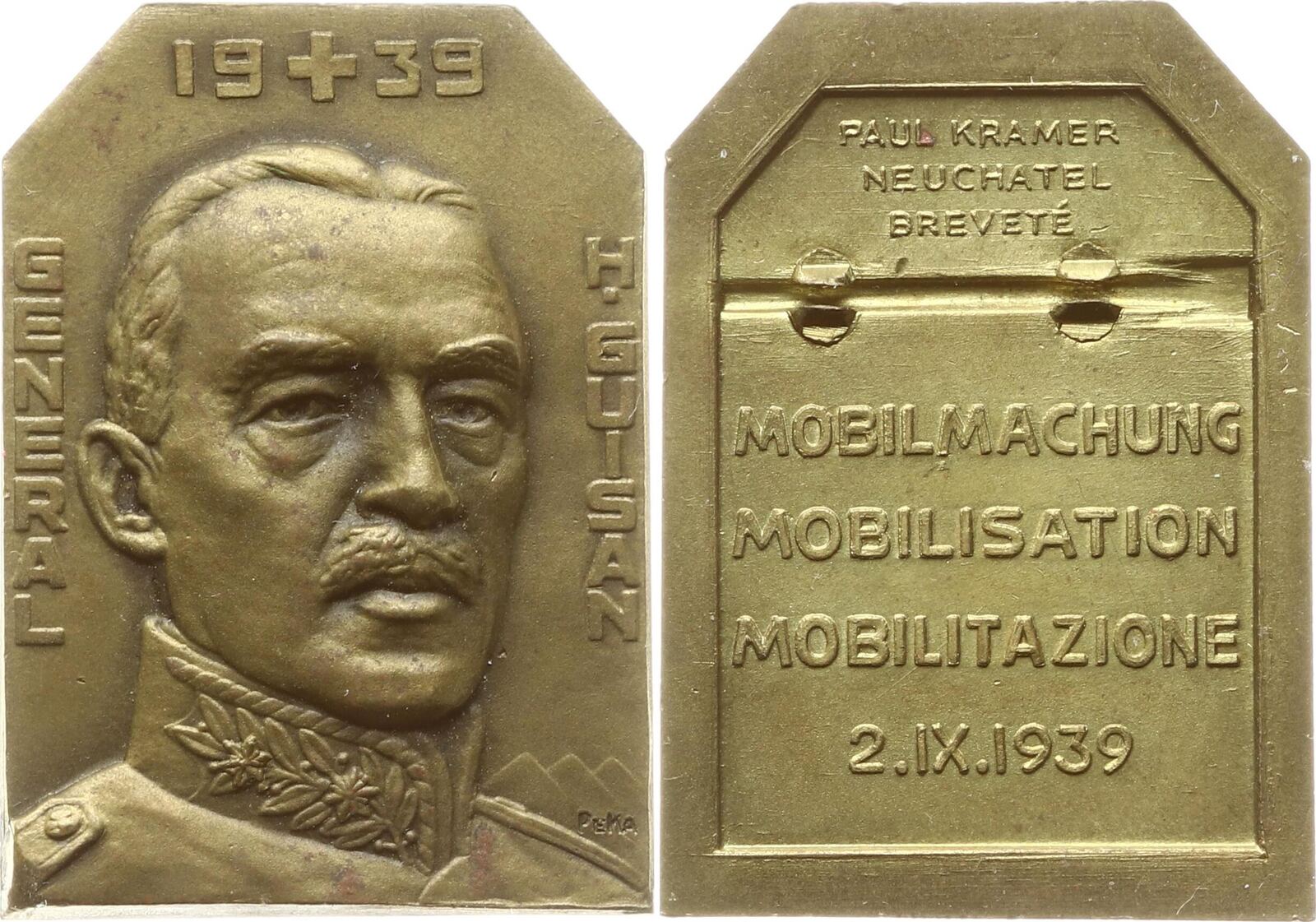 Schweiz Bronzeplakette 1939 v. Peka und Paul Kramer Neuchatel, General ...
