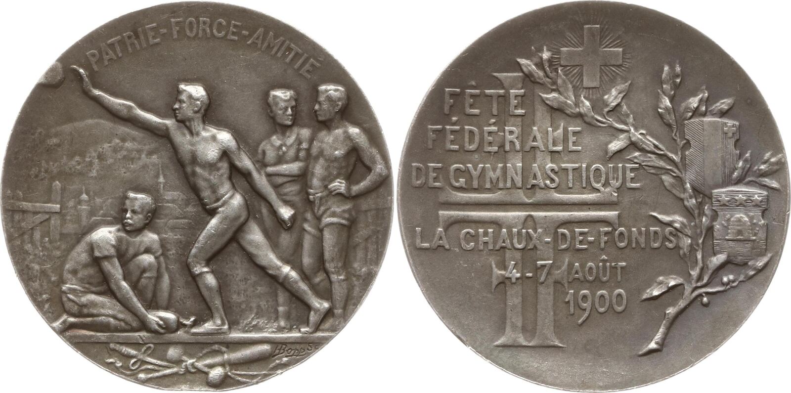 Schweiz-Neuenburg, La Chaux-de-Fonds Silbermedaille 1900 von Bopp, Fete Federale de Gymnastique ...