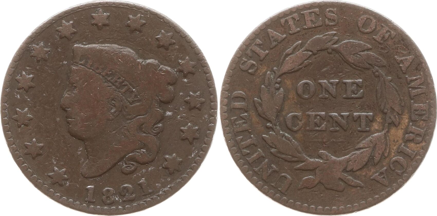 USA Large Cent Coronet Head 1821 Fast sehr schön | MA-Shops