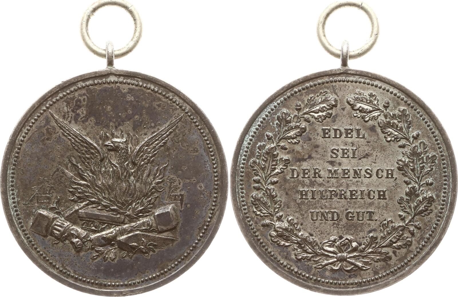 Deutsch Tragbare versilberte Bronzemedaille o.J. (19.Jh.) Phönix über ...