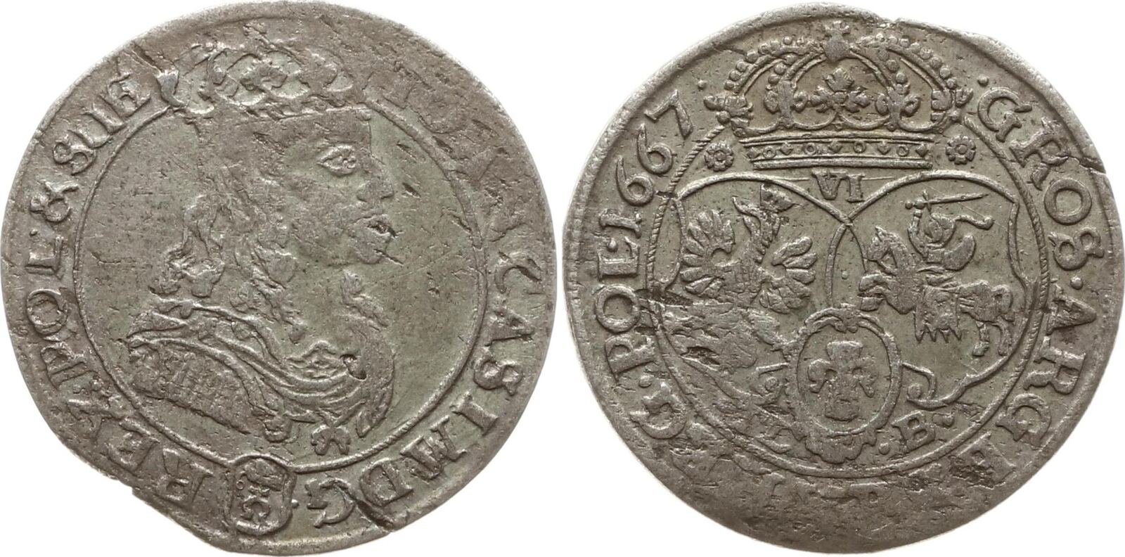 Polen, Königreich 6 Groschen 1667 TLB Johann Casimir, 1649 - 1668, Rose ...