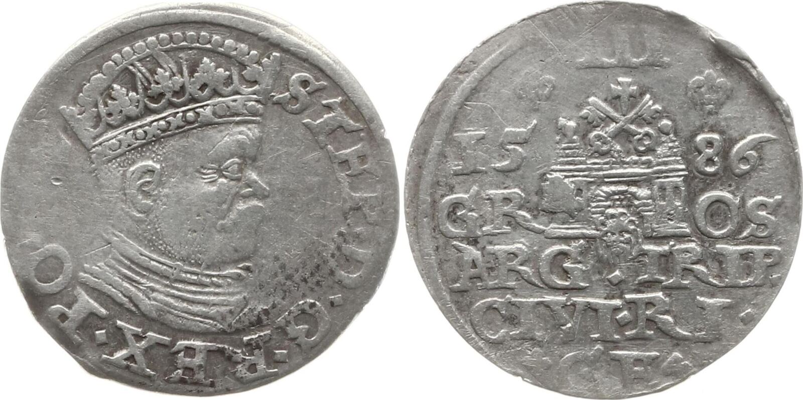Polen, Stadt Riga 3 Groschen (Dreigröscher, Trojak) 1586 Stephan ...