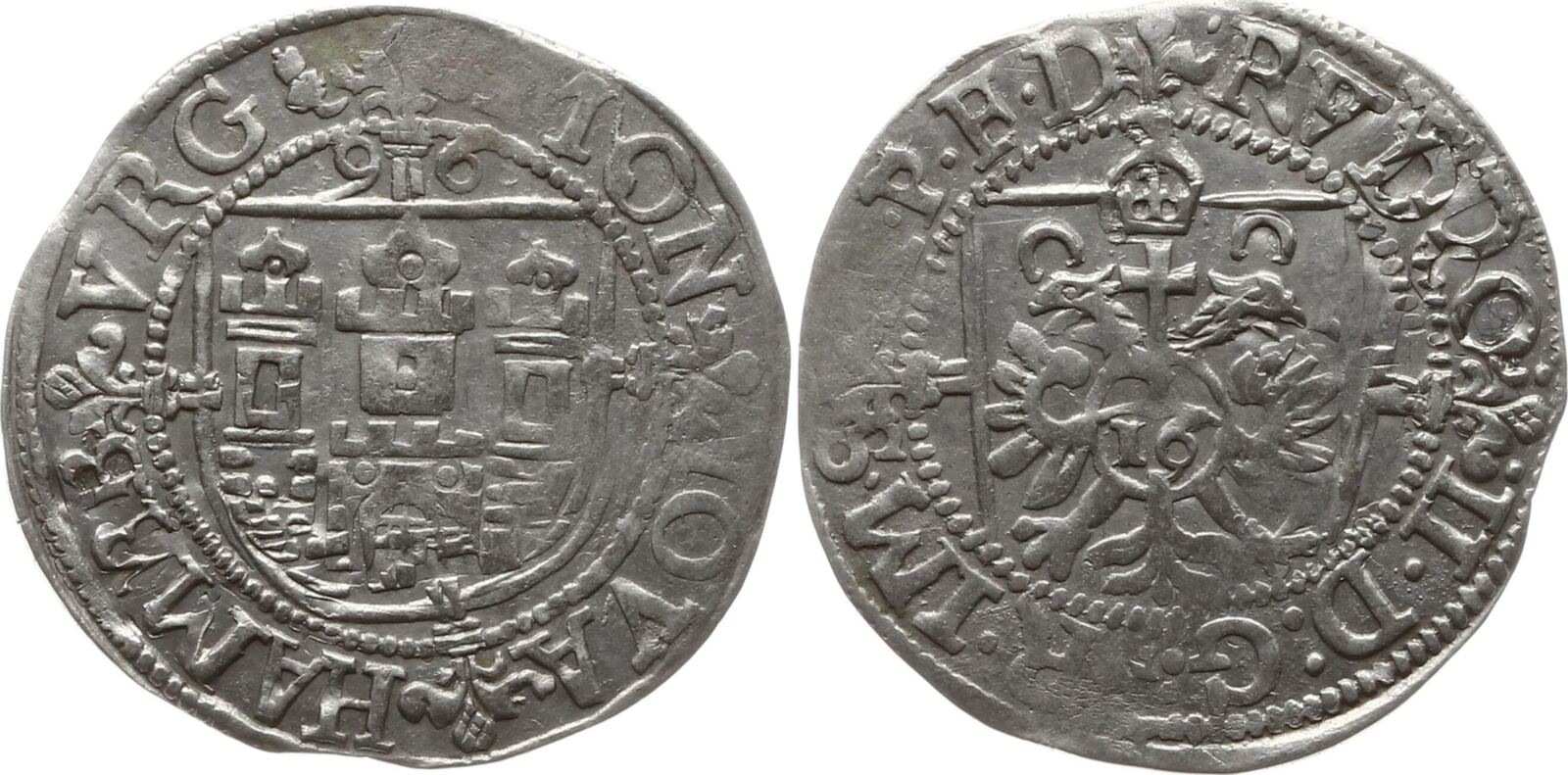 Hamburg, Stadt 1/16 Taler (Doppelschilling) 1596 Umschrift .R.IM.S ...