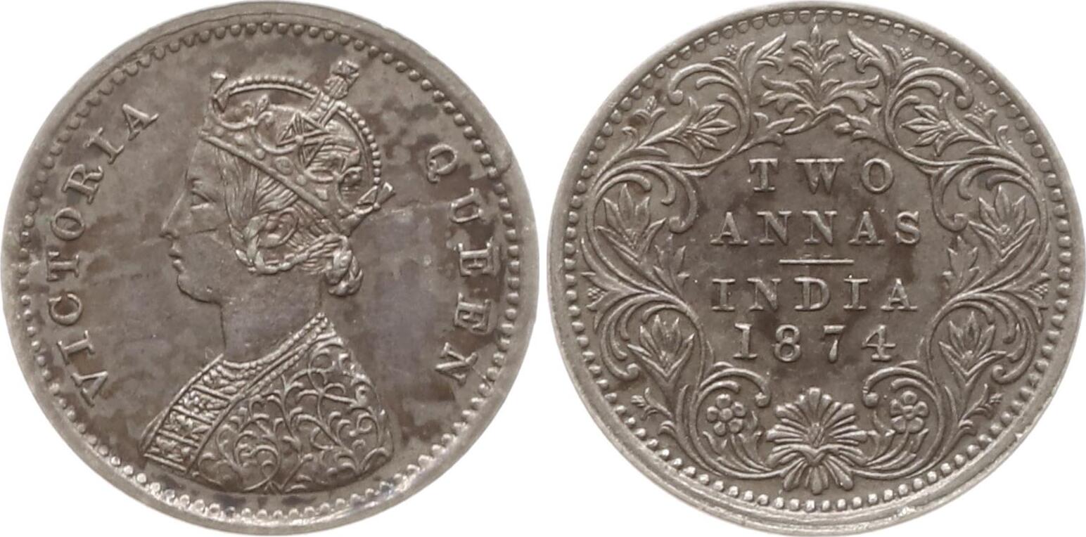Indien 2 Annas 1874 Victoria, 1837 - 1901, Bombay Fast vorzüglich, kl ...