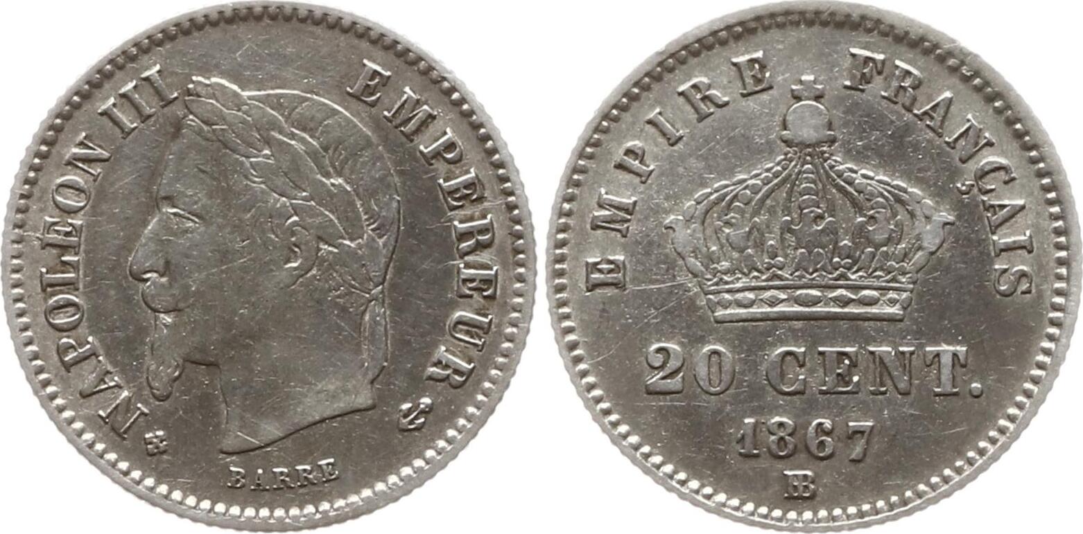 Frankreich, Kaiserreich 20 Centimes 1867 BB Napoleon III., 1852 - 1870, Straßburg Besser als ...