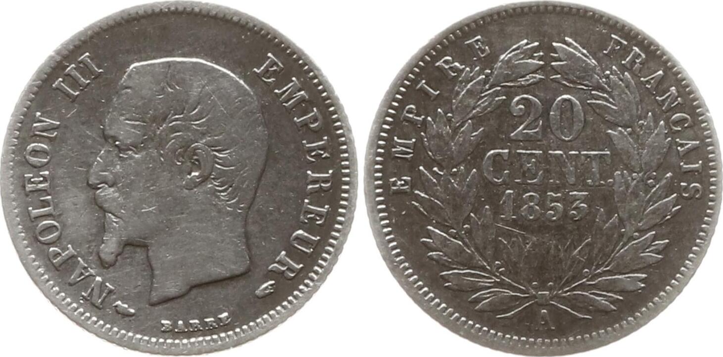 Frankreich, Kaiserreich 20 Centimes 1853 A Napoleon III., 1852 - 1870, Paris Fast sehr schön ...