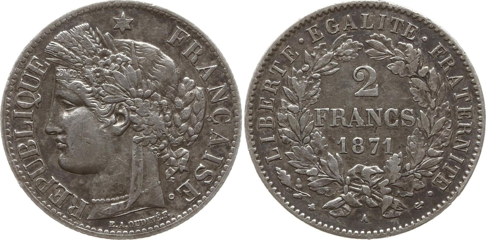 Frankreich, 3. Republik 2 Francs 1871 A Typ Cérès, Paris, kleimes A ...