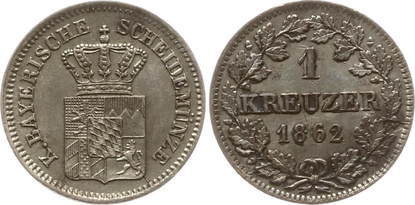 Bayern, Königreich 1 Kreuzer 1862 Maximilian II., 1848 - 1864 Vorzüglich, kleine Flecken | MA-Shops