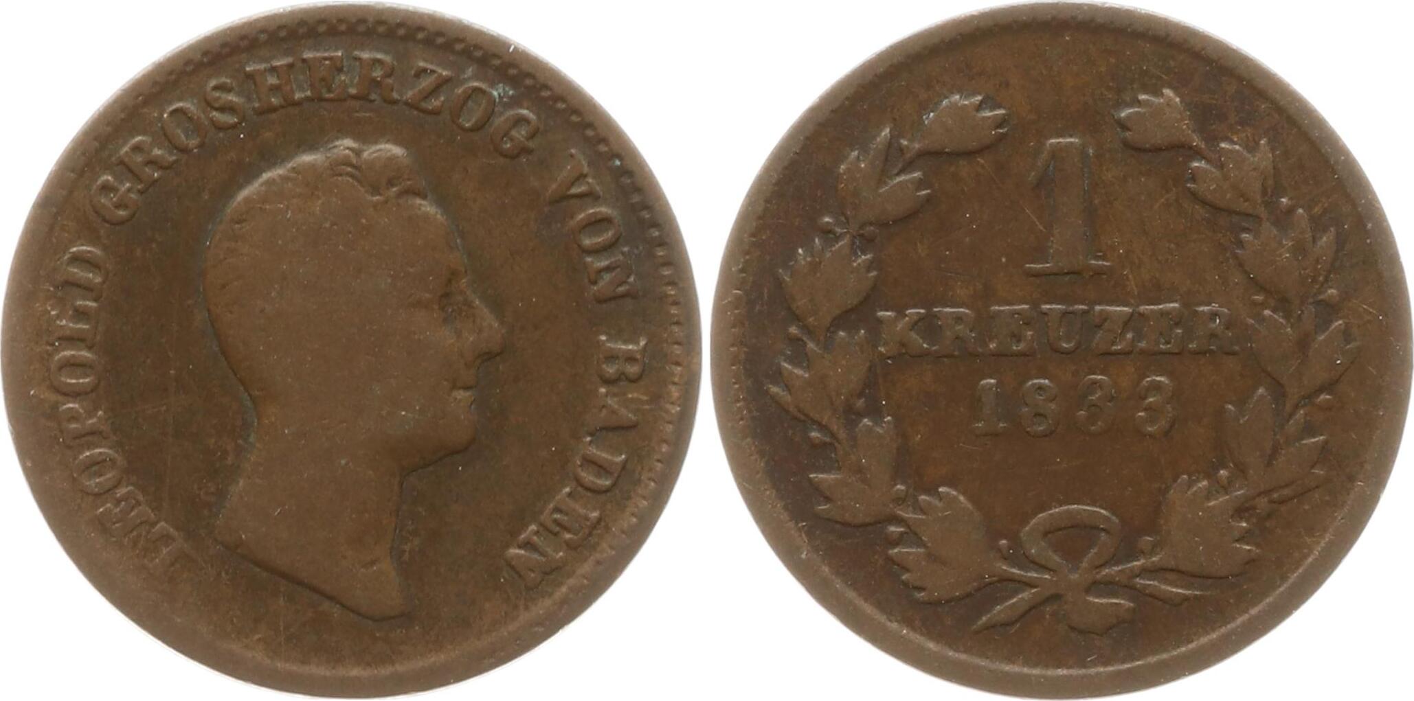 Baden, Großherzogtum 1 Kreuzer 1833 Leopold, 1830 - 1852 Schön - sehr schön | MA-Shops