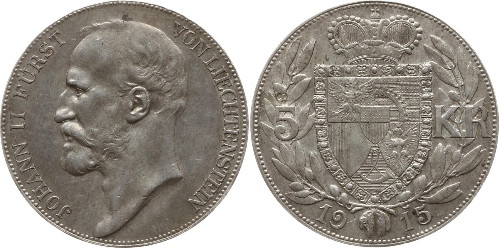 Liechtenstein, Fürstentum 5 Kronen 1915 Johann II., 1858 - 1929 Fast ...