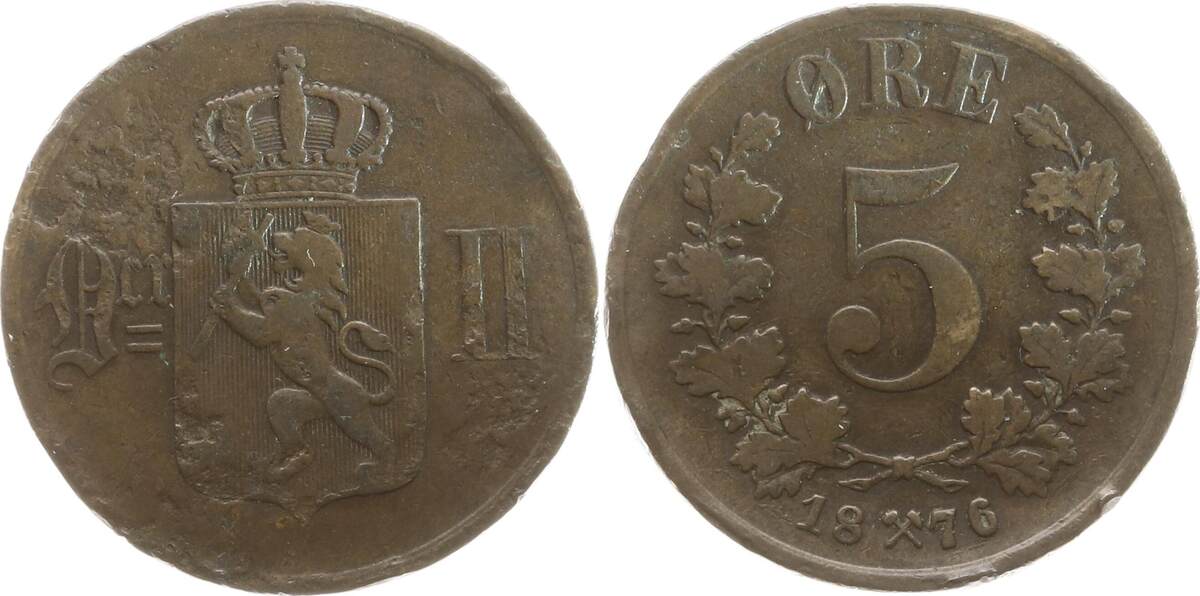 Norwegen 5 Öre 1876 Oskar II., 1872 - 1905 Sehr schön, RF, SF, min. gew ...
