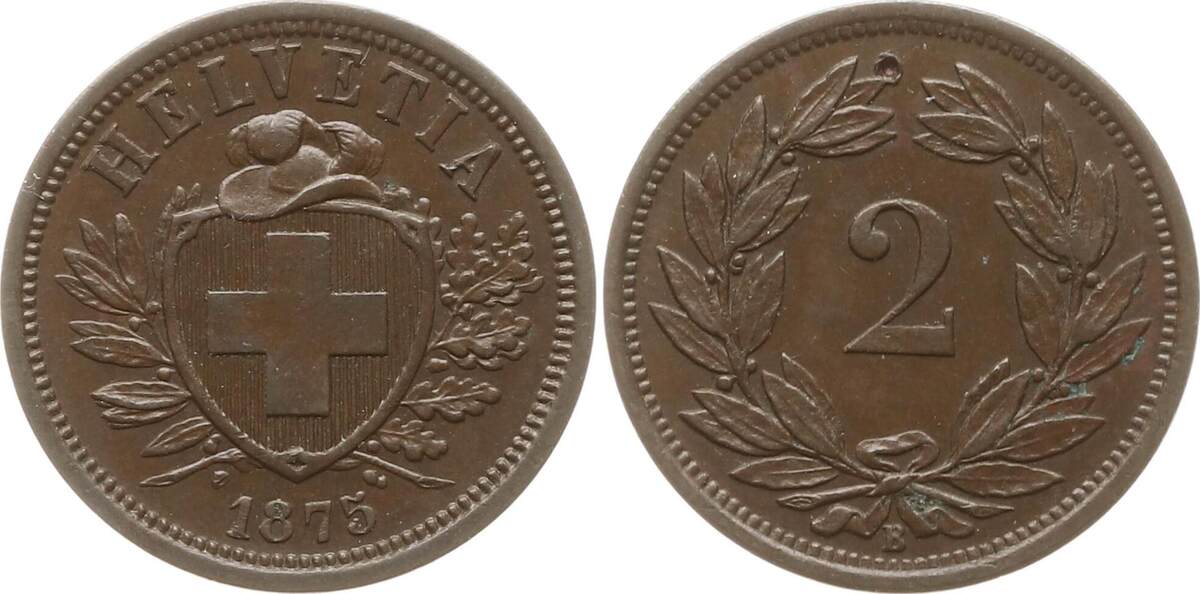 Schweiz 2 Rappen 1875 Sehr schön - vorzüglich, kl. Bohrstelle | MA-Shops