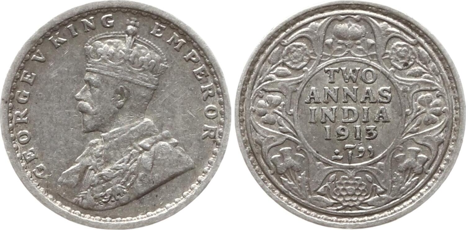 Indien 2 Annas 1913 George V., 1910 - 1936, Calcutta Besser als sehr ...