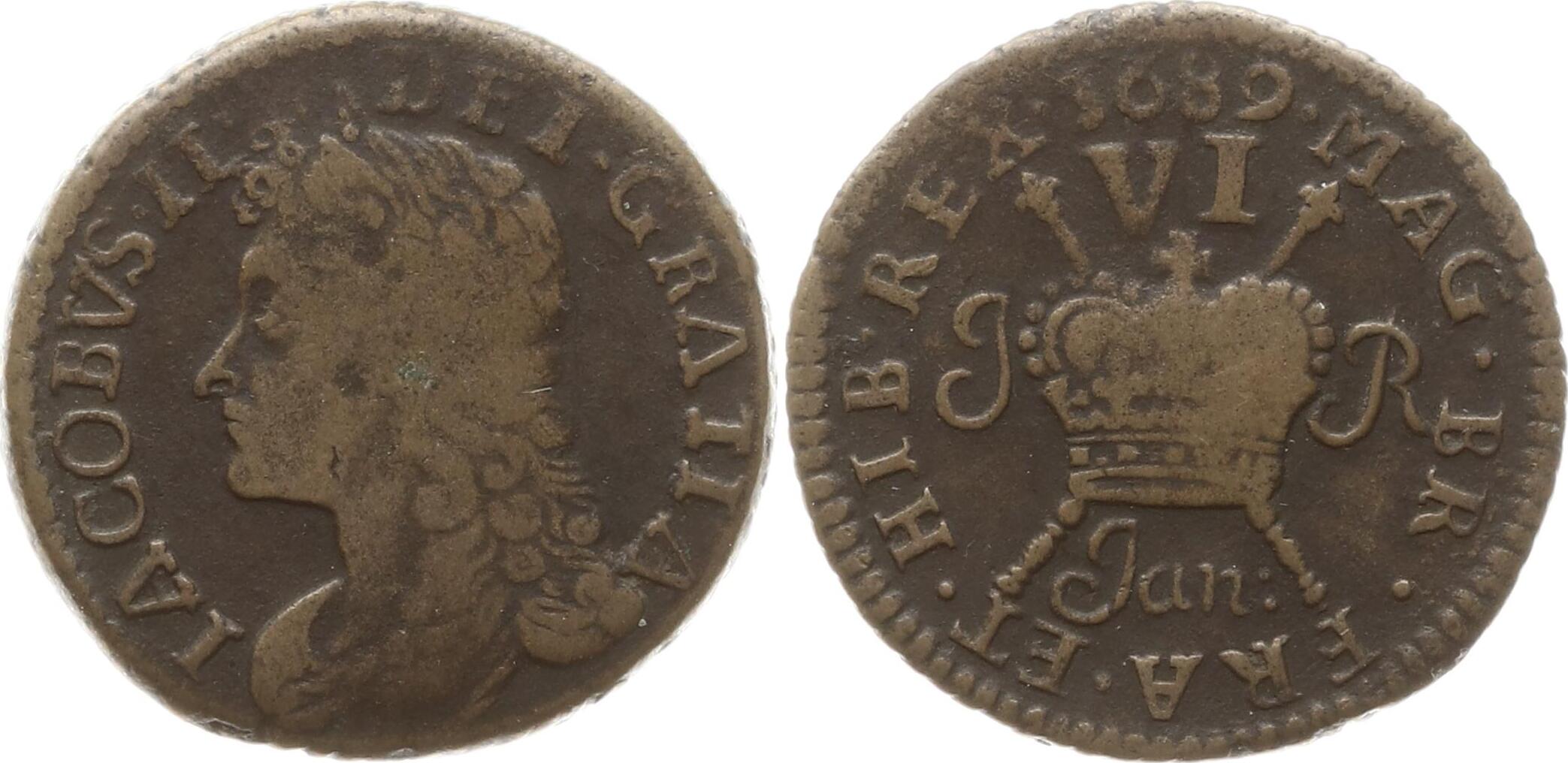 Irland 6 Pence 1689 James II., 1685 - 1691, Civil War, Gun Money ...