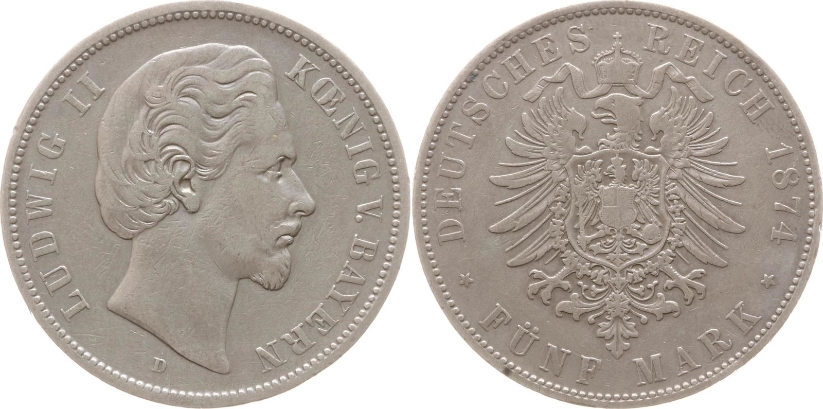 Kaiserreich Deutschland, Königreich Bayern 5 Mark 1874 D Ludwig II ...