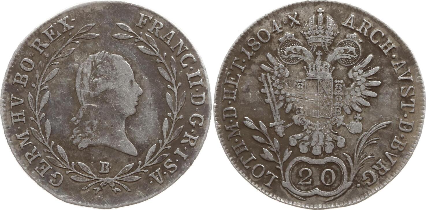 RDR, Haus Habsburg 20 Kreuzer 1804 B Franz II., 1792 - 1806, Kremnitz Sehr schön, Patina | MA-Shops